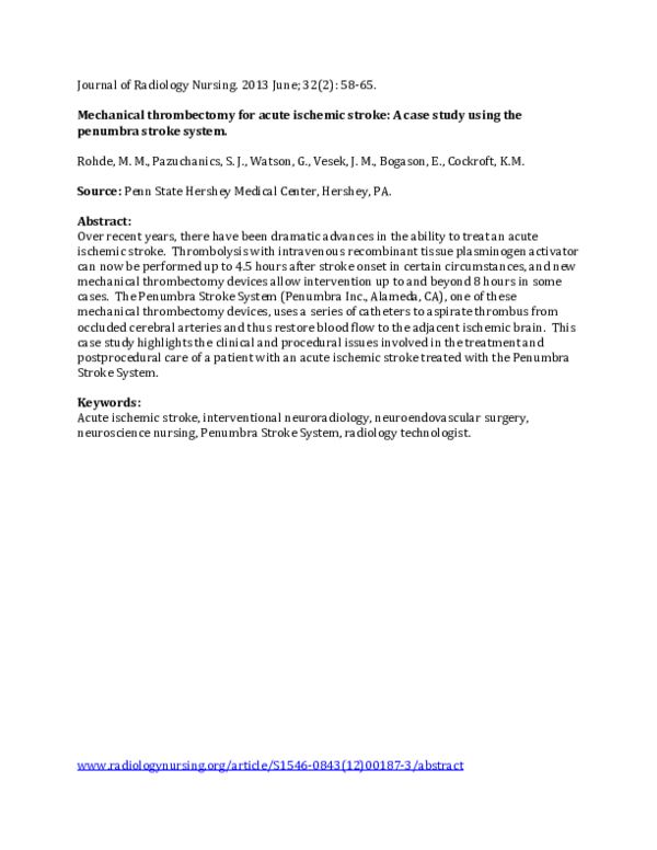 (PDF) Mechanical Thrombectomy for Acute Ischemic Stroke: A Case Study Using the Penumbra Stroke ...