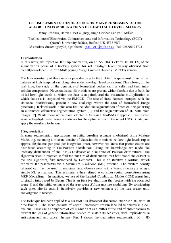 Pdf Gpu Implementation Of A Poisson Map Mrf Segmentation Algorithm For 3d Tracking Of Low