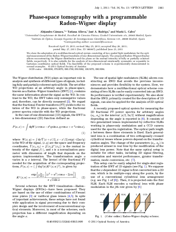 (PDF) Phase-space tomography with a programmable Radon–Wigner display