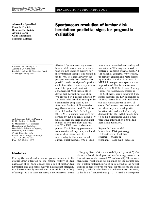 (PDF) Spontaneous resolution of lumbar disk herniation: predictive ...