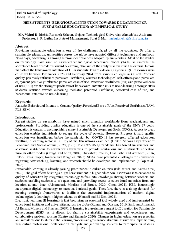 (PDF) HEIS STUDENTS' BEHAVIOURAL INTENTION TOWARDS E-LEARNING FOR SUSTAINABLE EDUCATION: AN ...