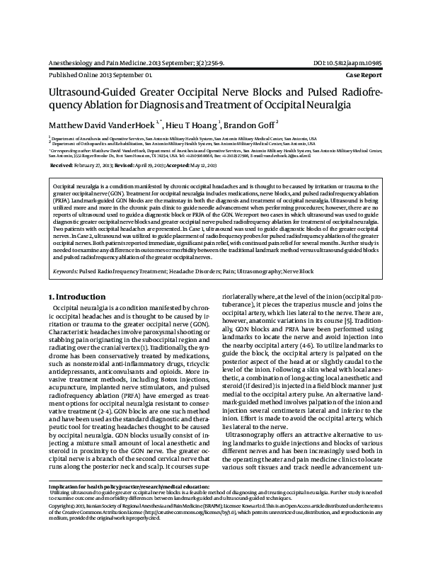 (PDF) Ultrasound-Guided Greater Occipital Nerve Blocks and Pulsed Radiofrequency Ablation for ...