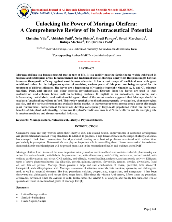 (PDF) Unlocking the Power of Moringa Oleifera: A Comprehensive Review of its Nutraceutical Potential