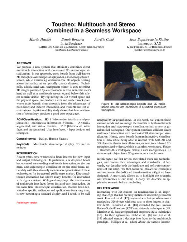(PDF) Toucheo: Multitouch and Stereo Combined in a Seamless Workspace
