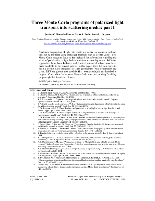 (PDF) Three Monte Carlo programs of polarized light transport into scattering media: part I