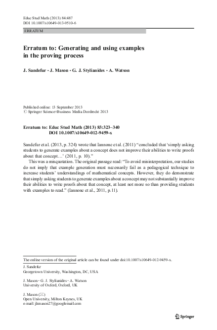 (PDF) Erratum to: Generating and using examples in the proving process
