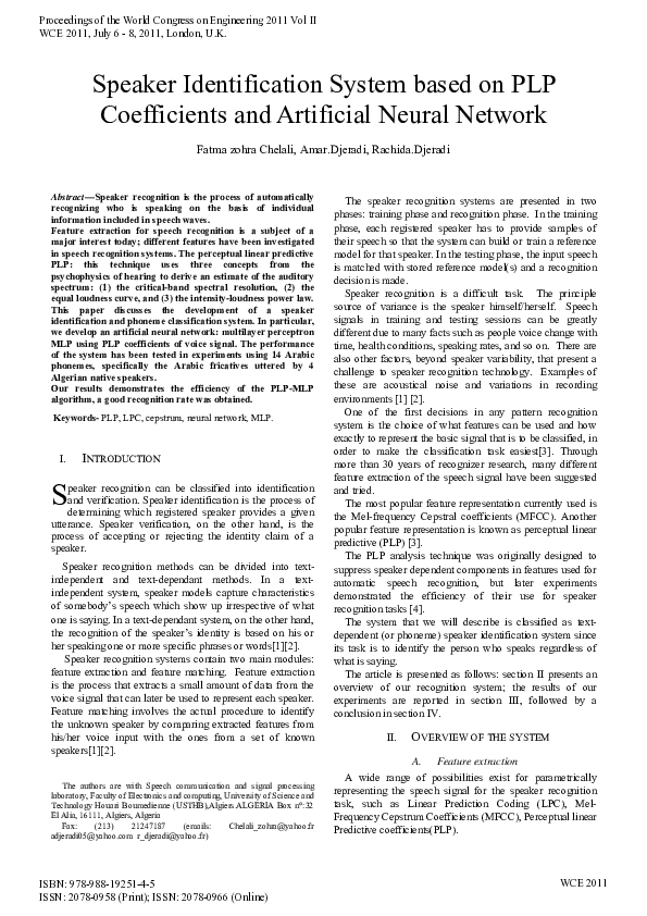 (PDF) Speaker Identification System based on PLP Coefficients and Artificial Neural Network