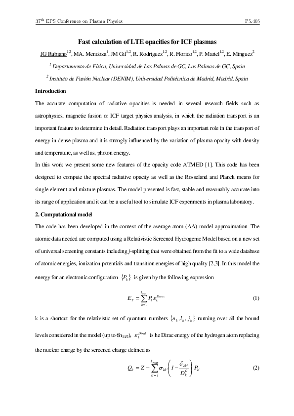 (PDF) Fast calculation of LTE opacities for ICF plasmas