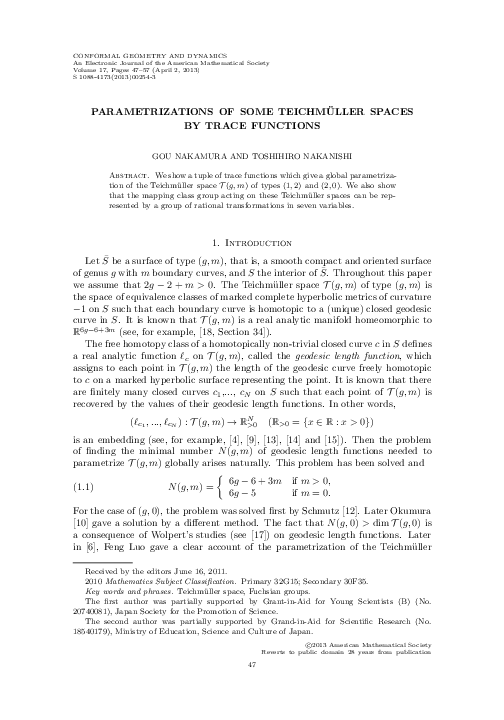 Pdf Parametrizations Of Some Teichmüller Spaces By Trace Functions