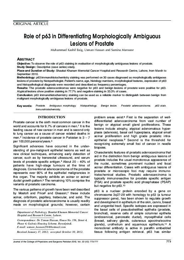 (PDF) Role of p63 in Differentiating Morphologically Ambiguous Lesions of Prostate | Usman ...