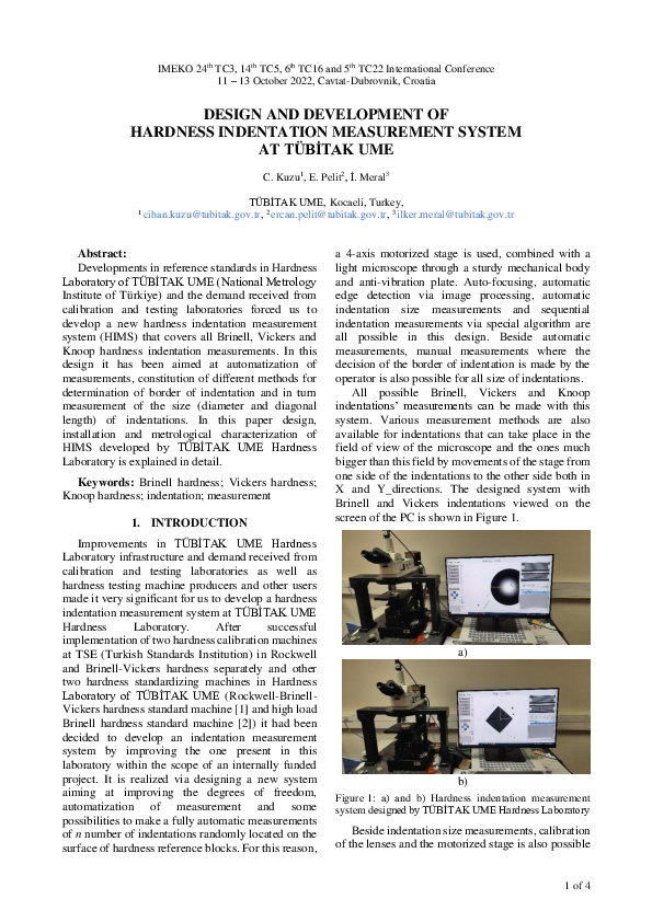 (PDF) Design and Development of Hardness Indentation Measurement System at Tübi̇tak Ume