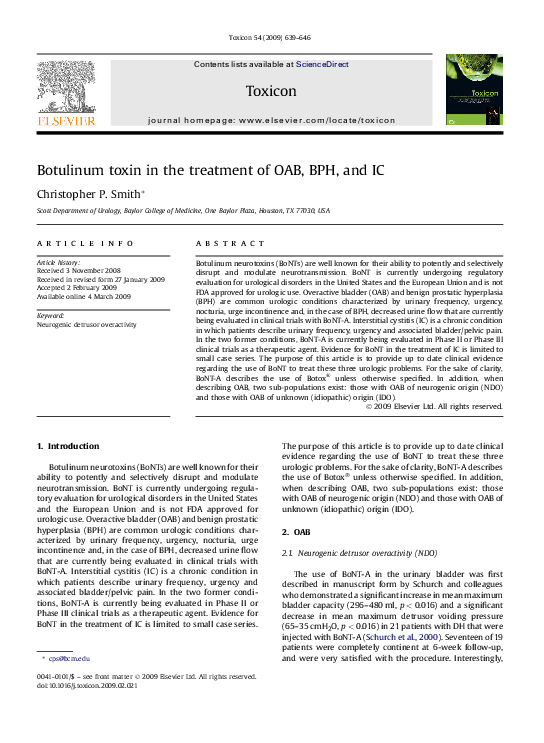(PDF) Botulinum toxin in the treatment of OAB, BPH, and IC