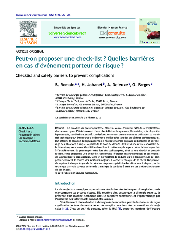 (PDF) Peut-on proposer une check-list ? Quelles barrières en cas d’événement porteur de risque