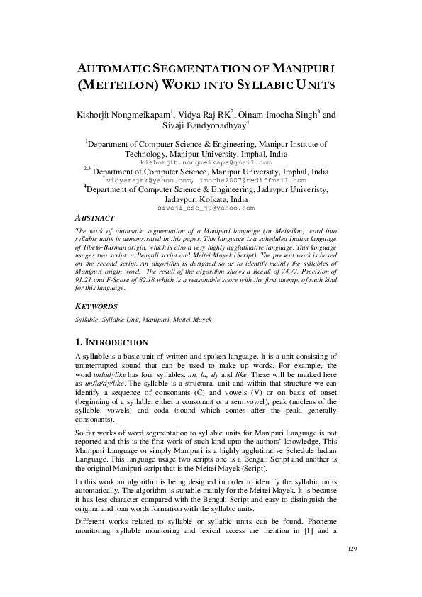 (PDF) Automatic Segmentation of Manipuri (Meiteilon) Word into Syllabic ...