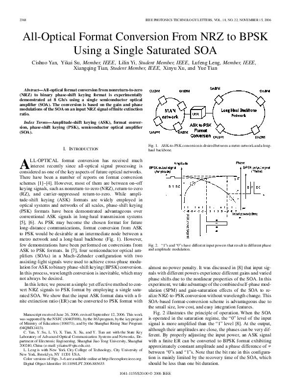 (PDF) All-Optical Format Conversion From NRZ to BPSK Using a Single ...