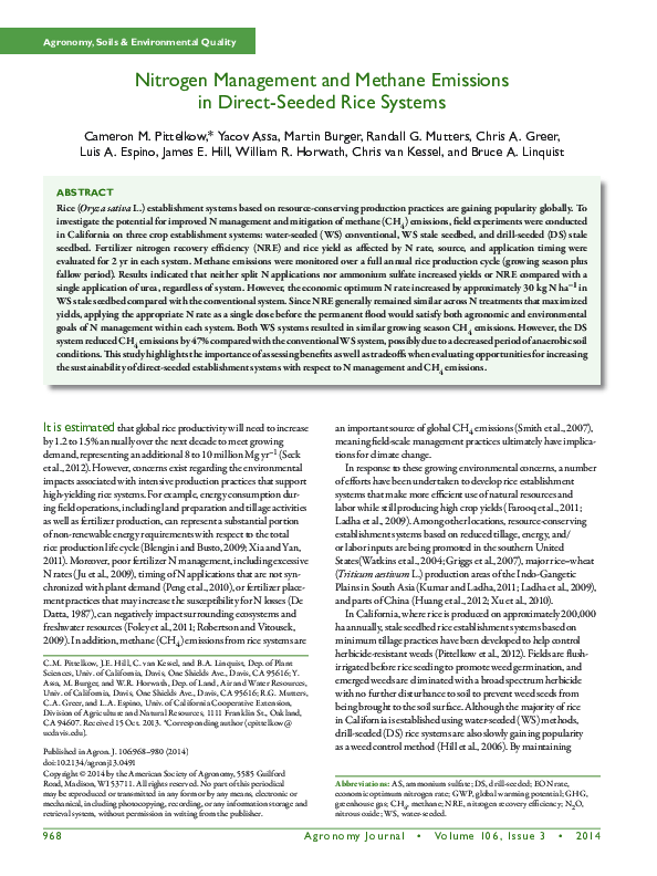 (PDF) Nitrogen Management and Methane Emissions in Direct‐Seeded Rice Systems