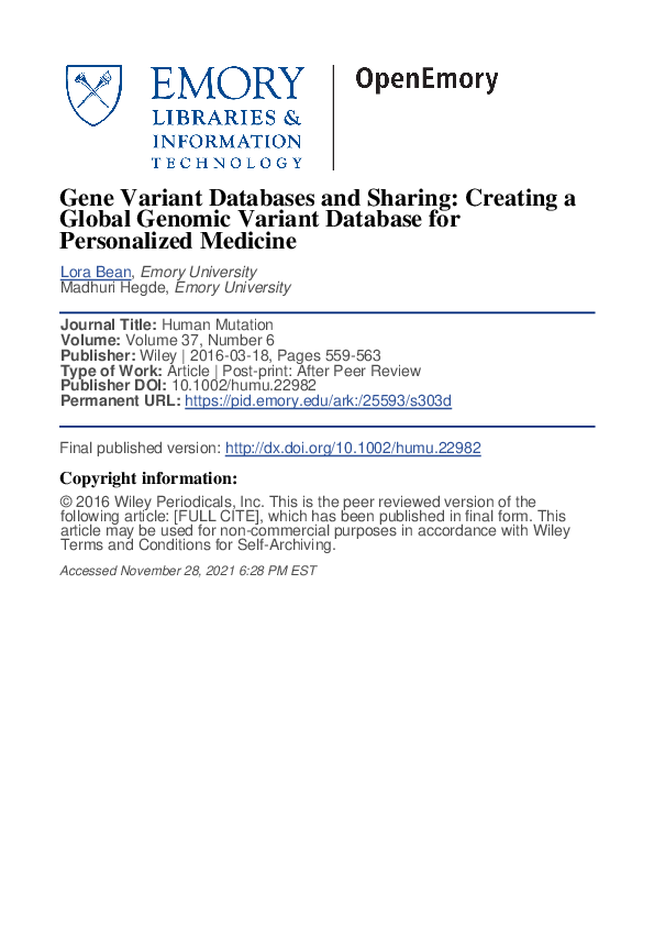 (PDF) Gene Variant Databases and Sharing: Creating a Global Genomic ...