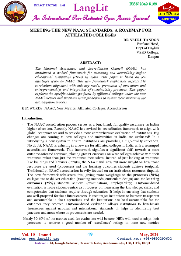 (PDF) MEETING THE NEW NAAC STANDARDS: A ROADMAP FOR AFFILIATED COLLEGES