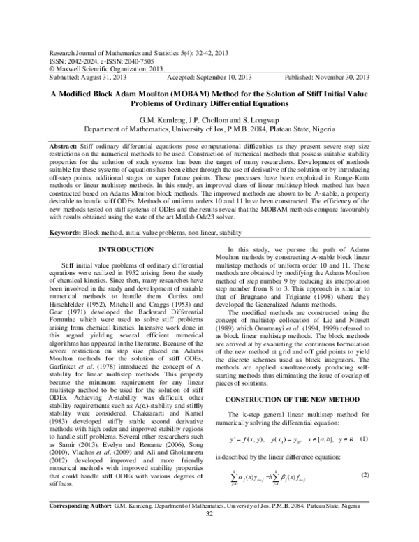 (PDF) A Modified Block Adam Moulton (MOBAM) Method for the Solution of Stiff Initial Value ...