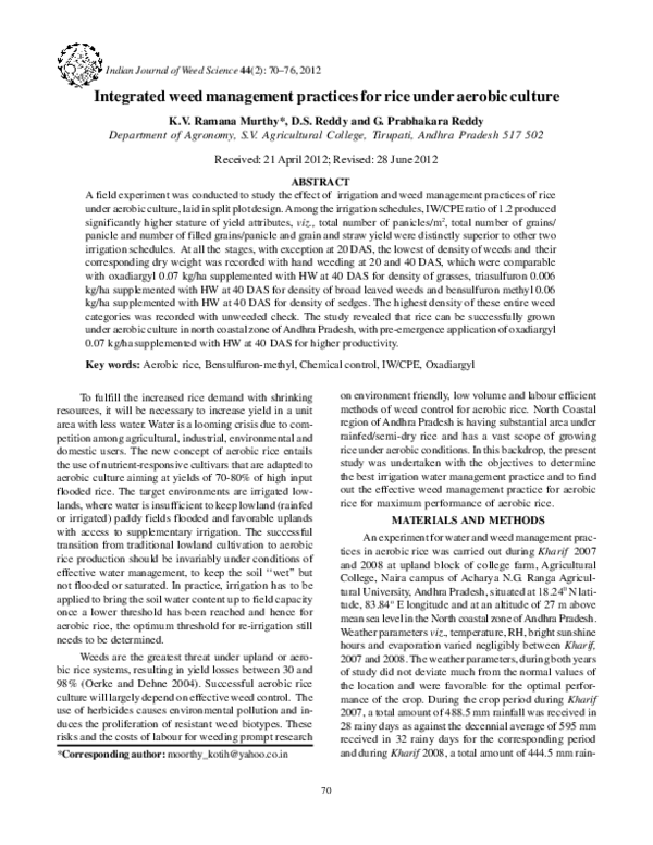 (PDF) Integrated weed management practices for rice under aerobic culture