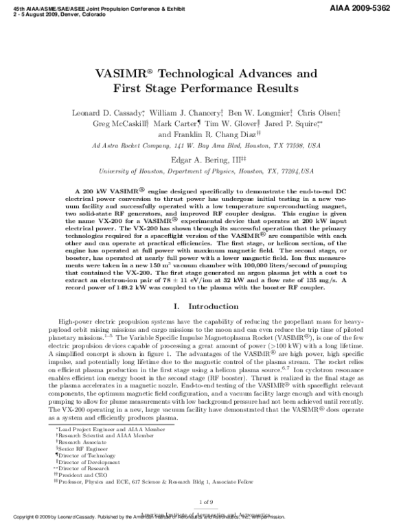 (PDF) VASIMR Technological Advances and First Stage Performance Results