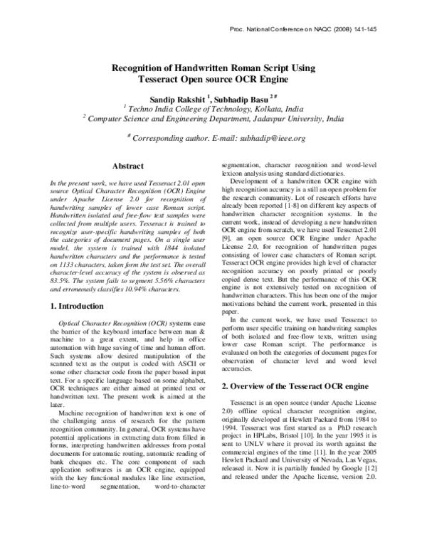 (PDF) Recognition of Handwritten Roman Script Using Tesseract Open ...