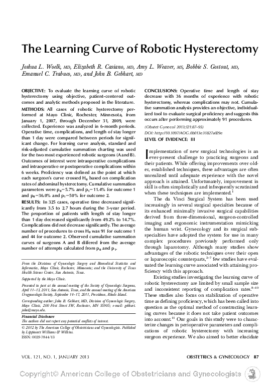 (PDF) The Learning Curve of Robotic Hysterectomy