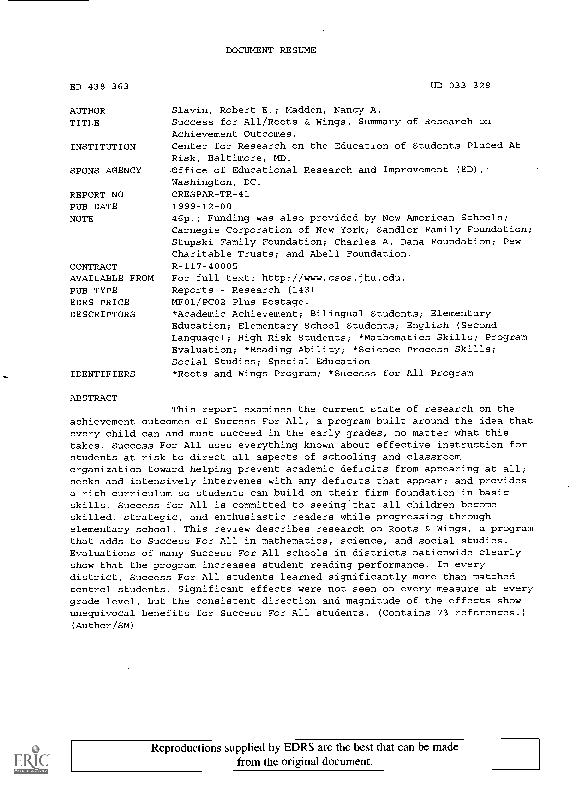(PDF) Success for All/Roots & Wings. Summary of Research on Achievement ...