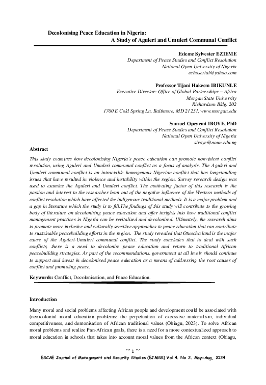 (PDF) Decolonising Peace Education in Nigeria: A Study of Aguleri and ...