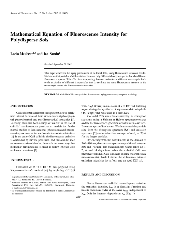 (PDF) Mathematical Equation of Fluorescence Intensity for Polydisperse Sols