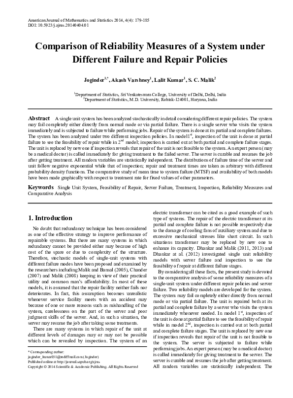 (PDF) Comparison of Reliability Measures of a System under Different Failure and Repair Policies