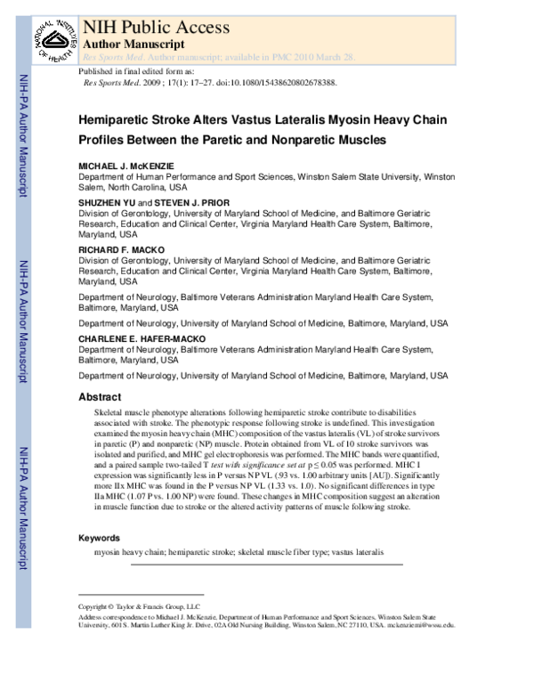 (PDF) Hemi-Paretic Stroke Alters Vastus Lateralis Myosin Heavy Chain ...