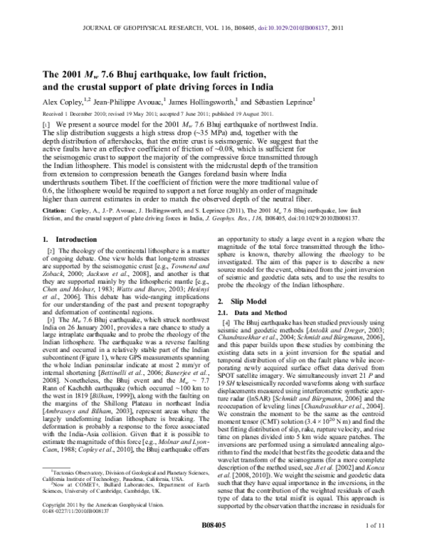 (PDF) The 2001Mw7.6 Bhuj earthquake, low fault friction, and the crustal support of plate ...