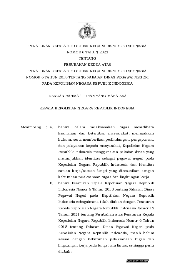 (PDF) Perkap nomor 6 tahun 2022 tentang peruba