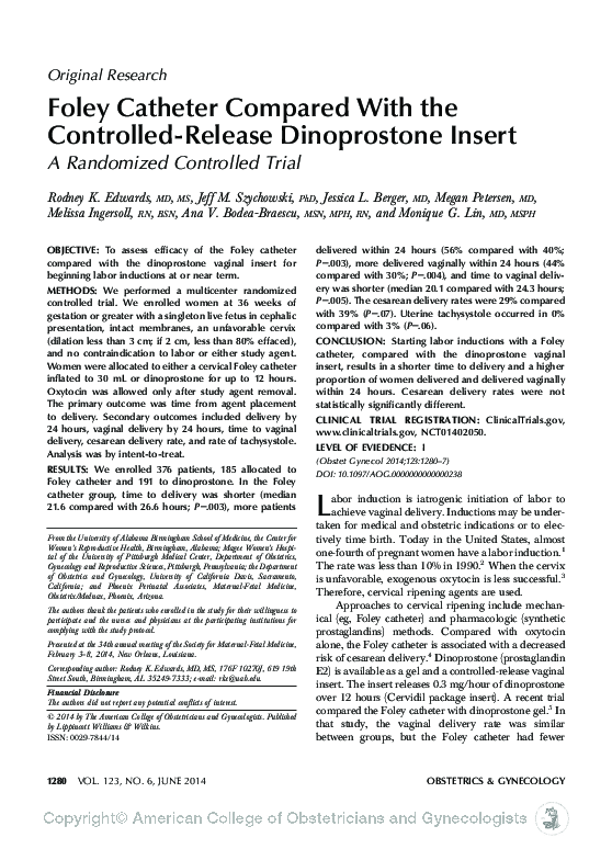 (PDF) Foley catheter compared with controlled release dinoprostone ...