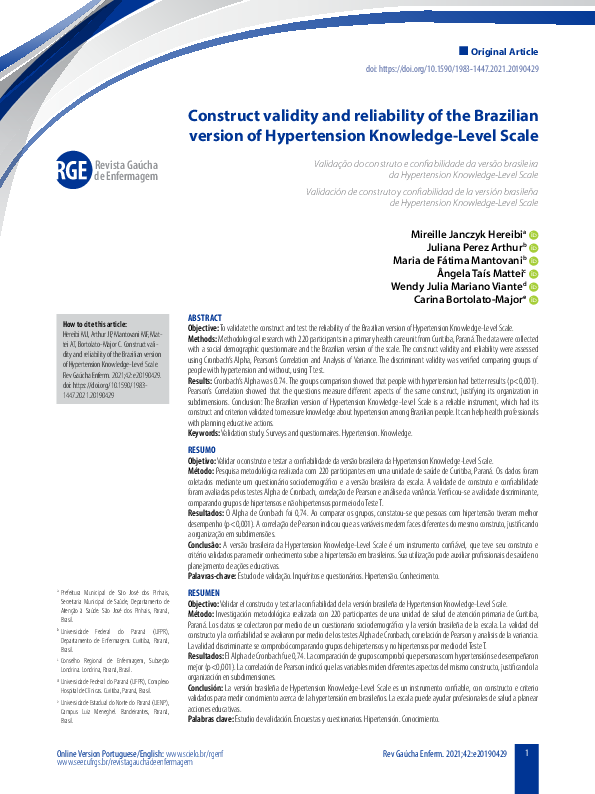 (PDF) Construct validity and reliability of the Brazilian version of ...