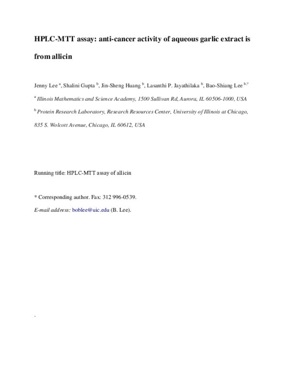 (PDF) HPLC–MTT assay: Anticancer activity of aqueous garlic extract is ...
