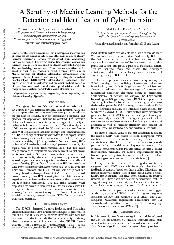 (PDF) A Scrutiny of Machine Learning Methods for the Detection and Identification of Cyber Intrusion