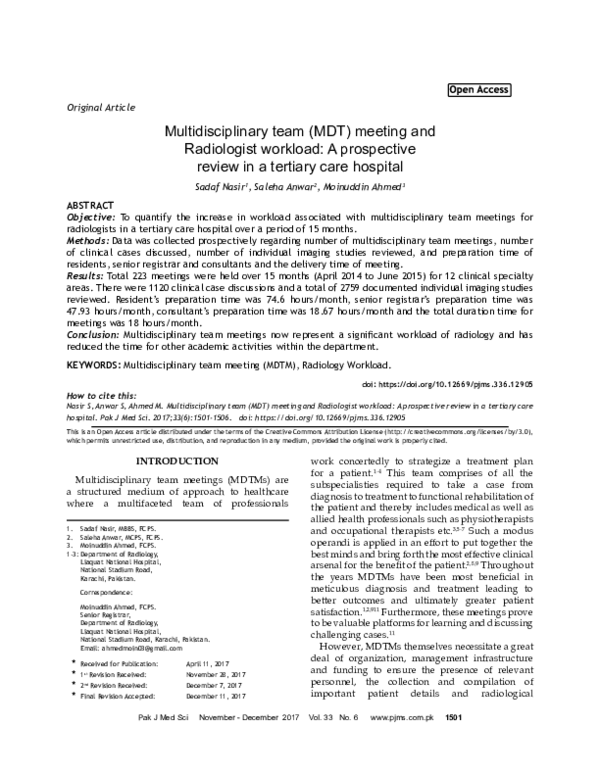 (PDF) Multidisciplinary team (MDT) meeting and Radiologist workload, a prospective review in a ...