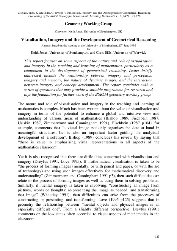 (PDF) Visualisation, imagery, and the development of geometrical reasoning