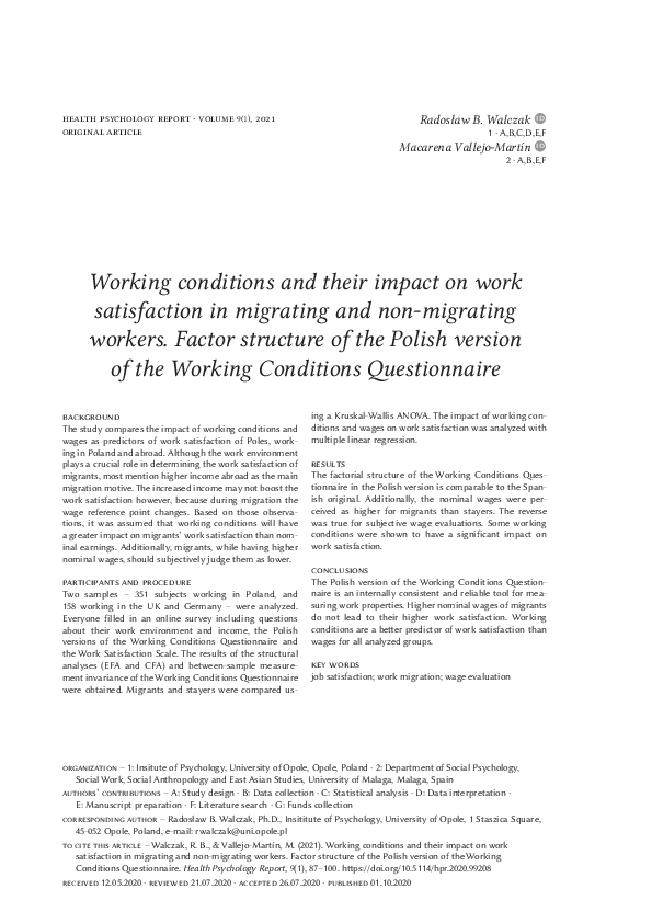 (PDF) Working conditions and their impact on work satisfaction in ...