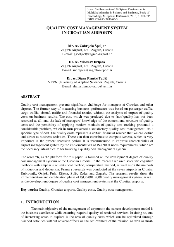 (PDF) Quality Cost Management System at Croatian Airports