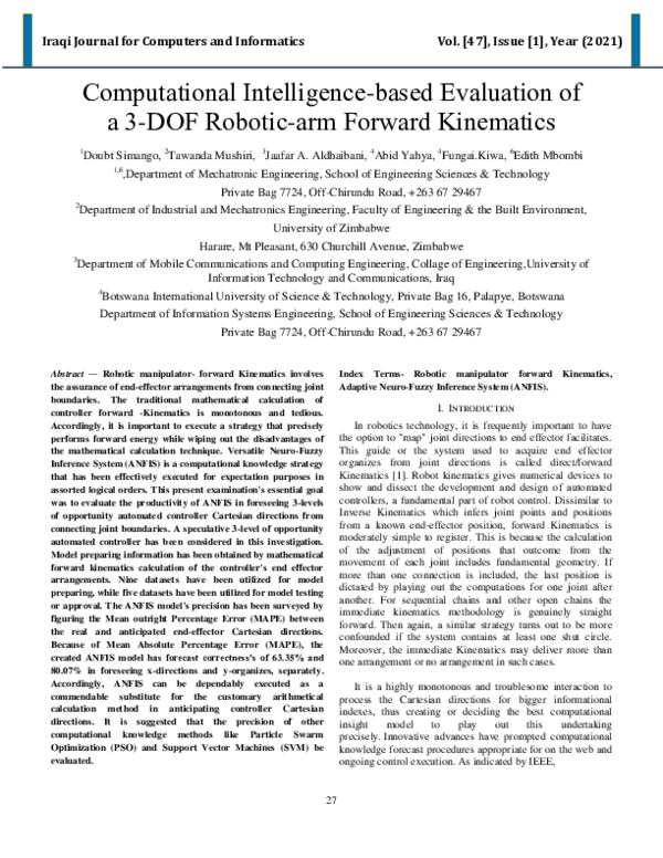 (PDF) Computational Intelligence-based Evaluation of a 3-DOF Robotic-arm Forward Kinematics