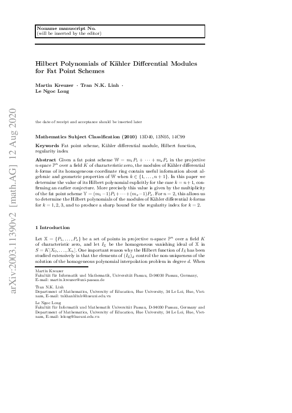 (PDF) Hilbert Polynomials of Kähler Differential Modules for Fat Point ...