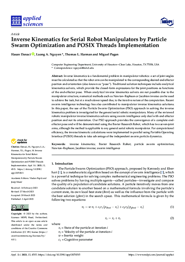 (PDF) Inverse Kinematics for Serial Robot Manipulators by Particle Swarm Optimization and POSIX ...