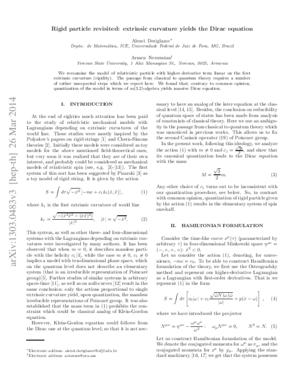 (PDF) Rigid particle revisited: Extrinsic curvature yields the Dirac equation | Armen Nersessian ...