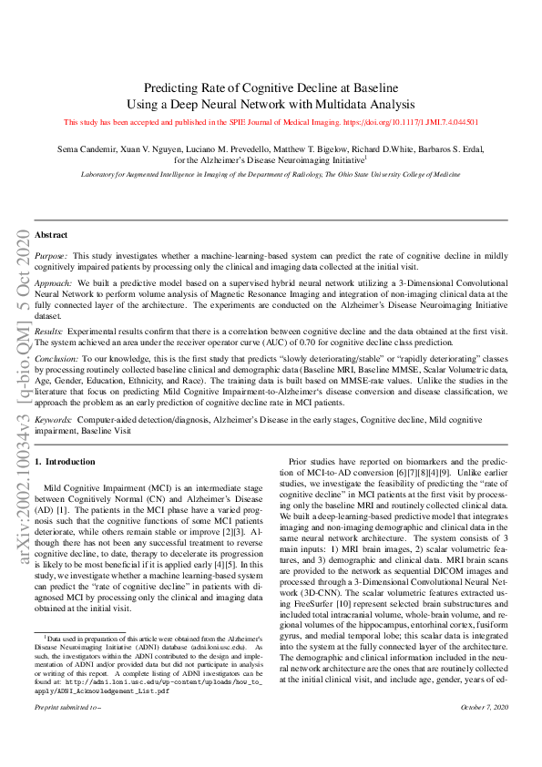 (PDF) Predicting Rate of Cognitive Decline at Baseline Using a Deep Neural Network with ...