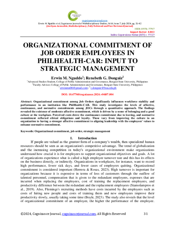 (PDF) ORGANIZATIONAL COMMITMENT OF JOB ORDER EMPLOYEES IN PHILHEALTH-CAR: INPUT TO STRATEGIC ...