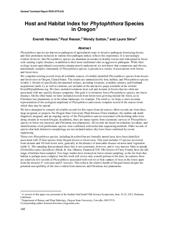 (PDF) Host and Habitat Index for Phytophthora Species in Oregon
