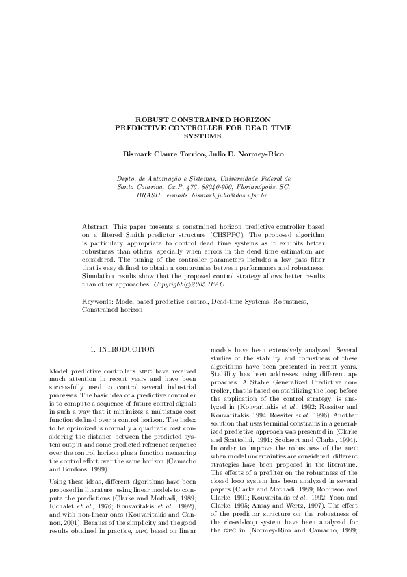 (PDF) Robust Constrained Horizon Predictive Controller for Dead Time Systems